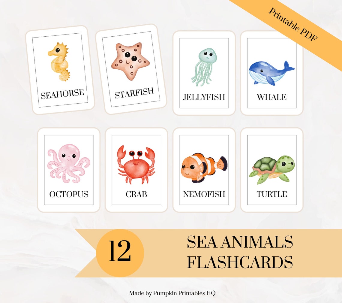 Flashcards Sea Animals Cards for Teaching Water Animals Montessori ...