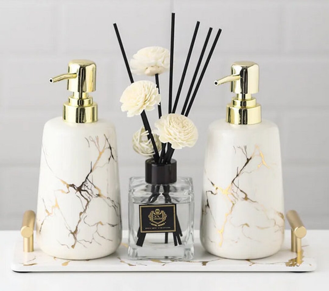 Ceramic Soap & Lotion Dispenser Set With Tray Soap Aromatherapy Bottle ...