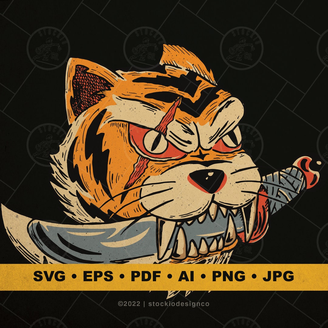Hand Drawn Illustration of a Tiger Biting a Knife Vector - Etsy