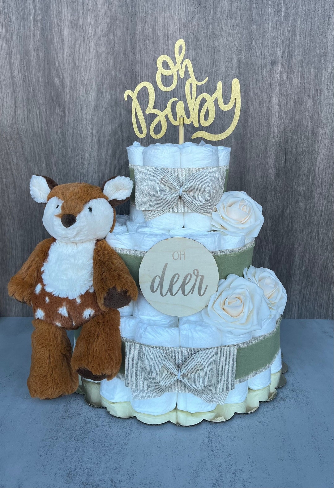 Deer Diaper Cake Baby Shower Gift Gender Neutral Baby Gift Baby Shower Centerpiece Baby Shower ...