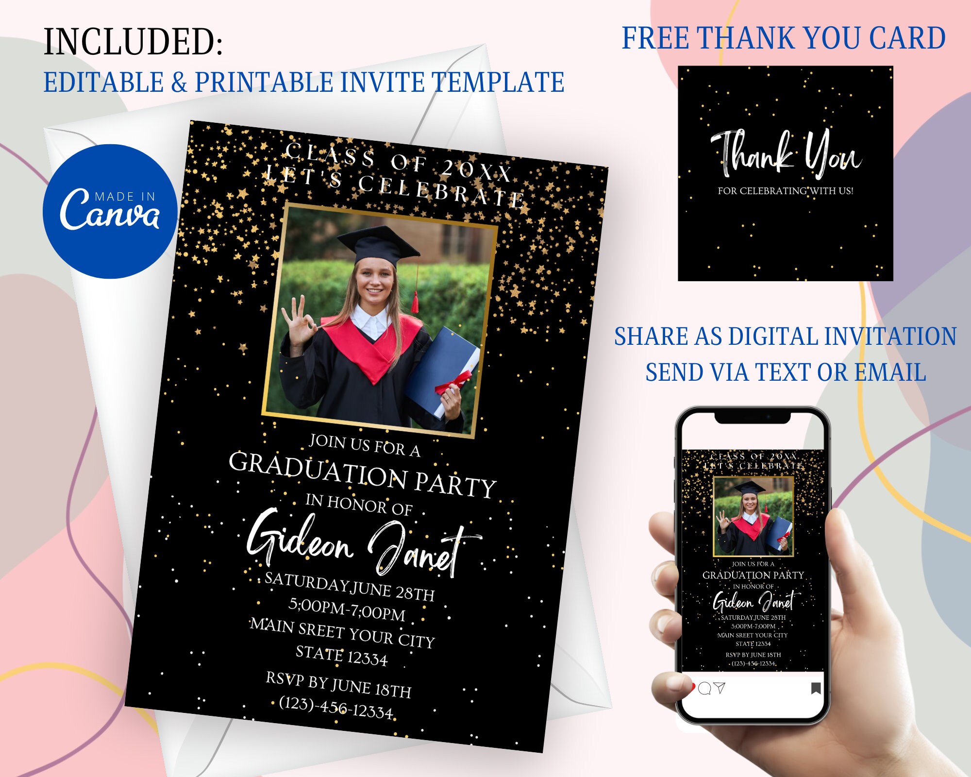 Fiesta Graduation Party Invitation - Digital Black Gold Graduation ...