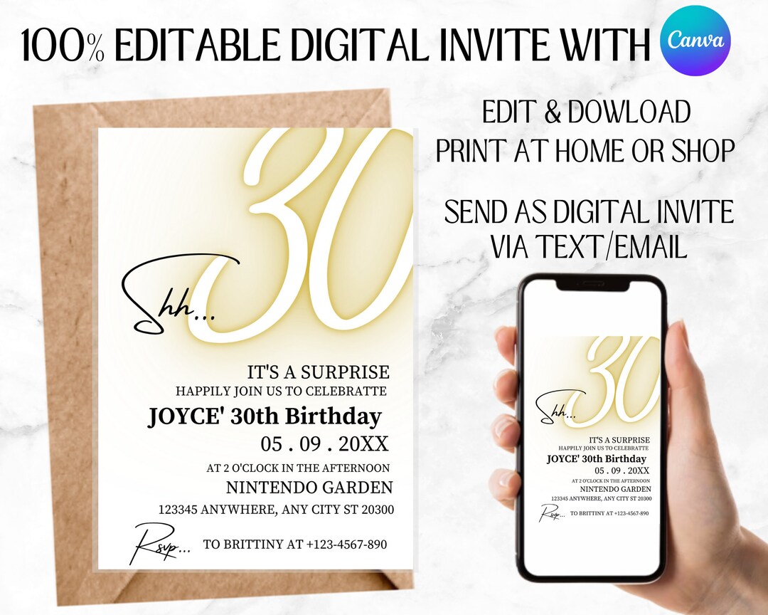 1st to 80th Editable Silver Surprise Birthday Invitation - Shhh It's a ...