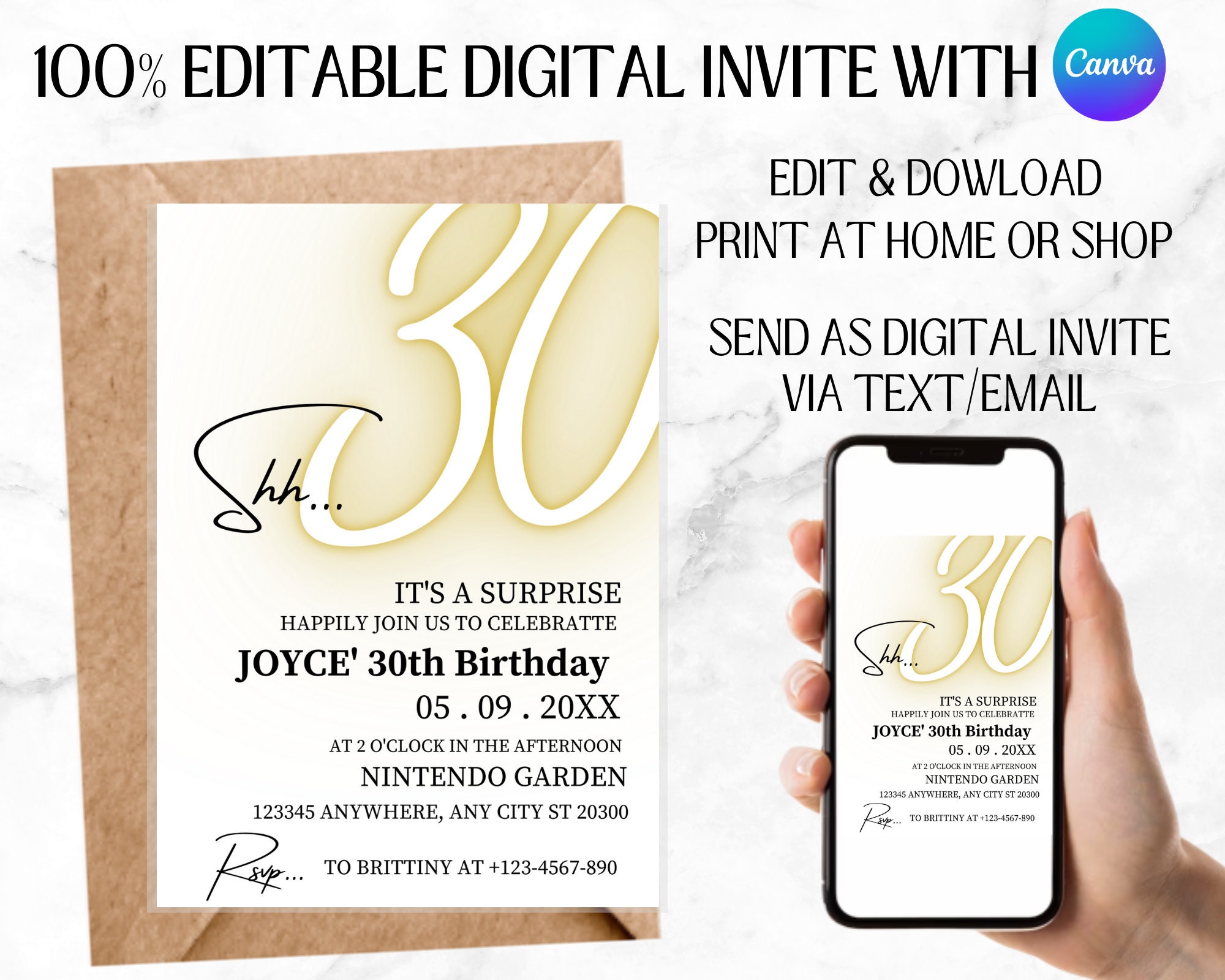 1st to 80th Editable Silver Surprise Birthday Invitation - Shhh It's a ...