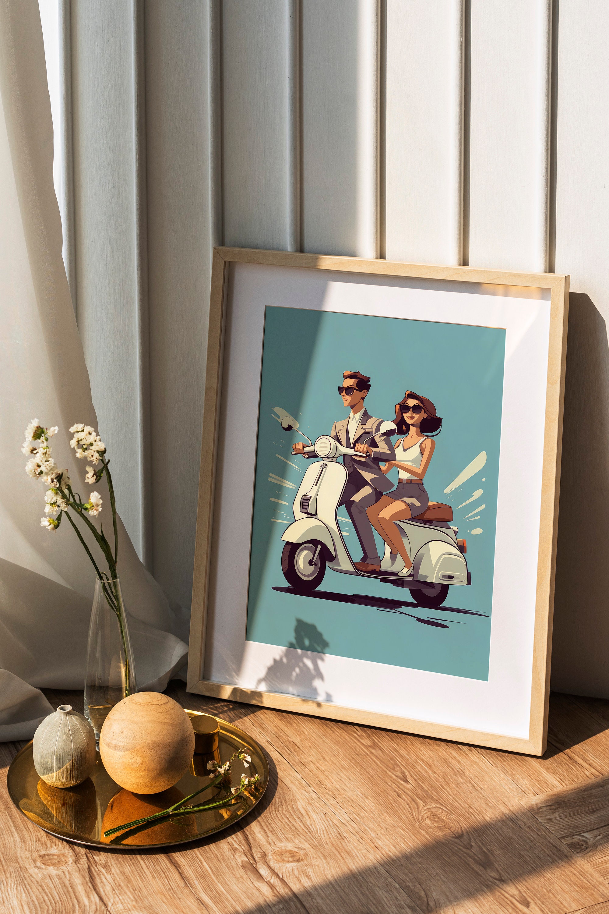 Vespa Couple Comic Illustration Happy Italian Poster Scooter Blue ...