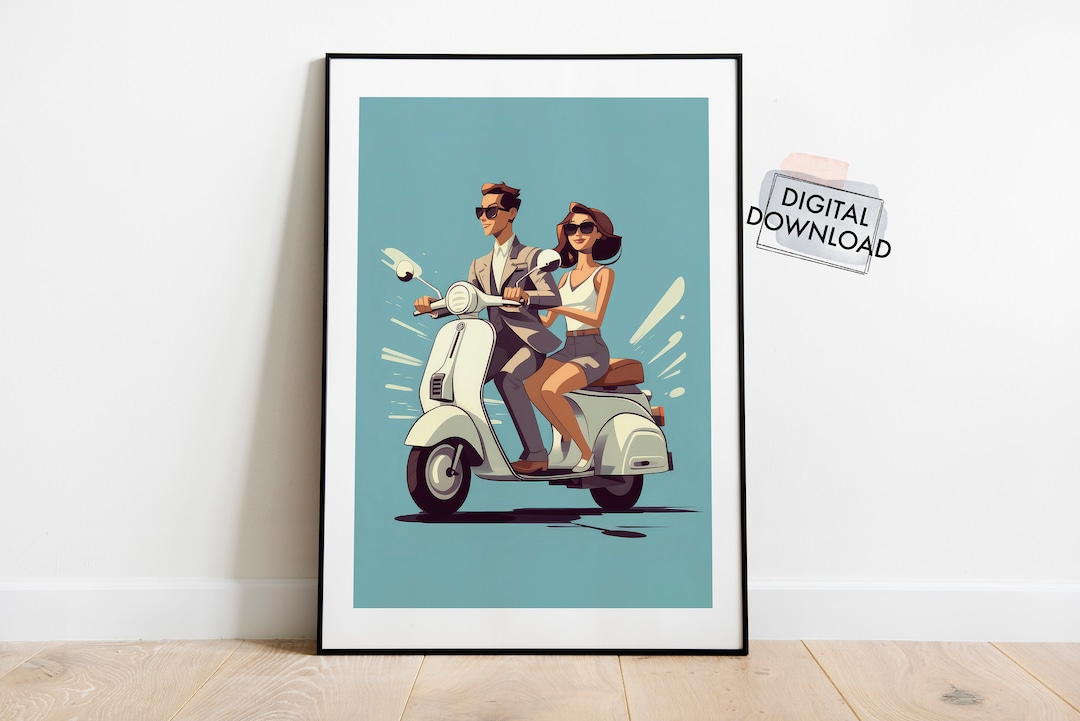 Vespa Couple Comic Illustration Happy Italian Poster Scooter Blue ...