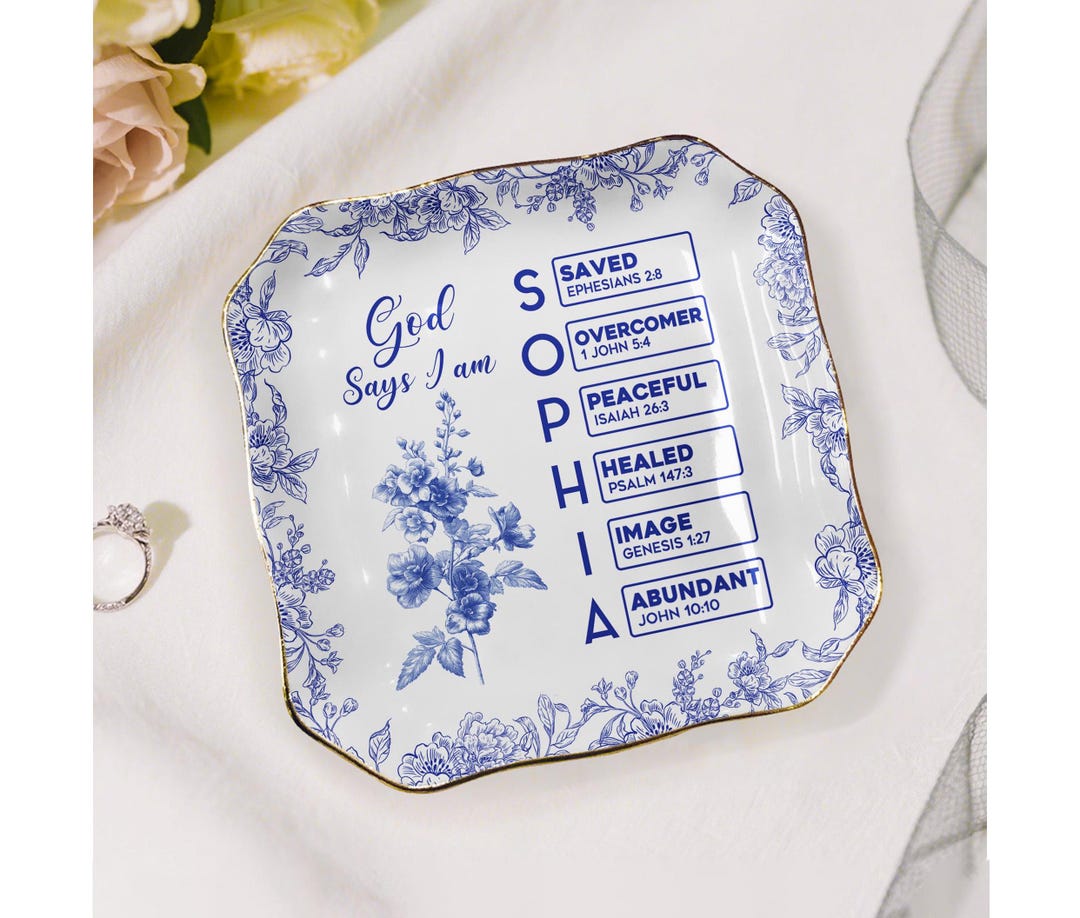 God Says I Am Custom Name Jewelry Dish, Bible Verse Toile De Jouy Ring ...