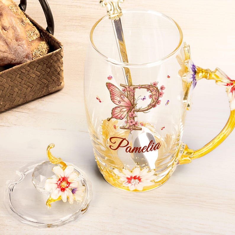 Personalized Floral Enamel Mug, Monogram Butterfly Glass Tea Cup for ...