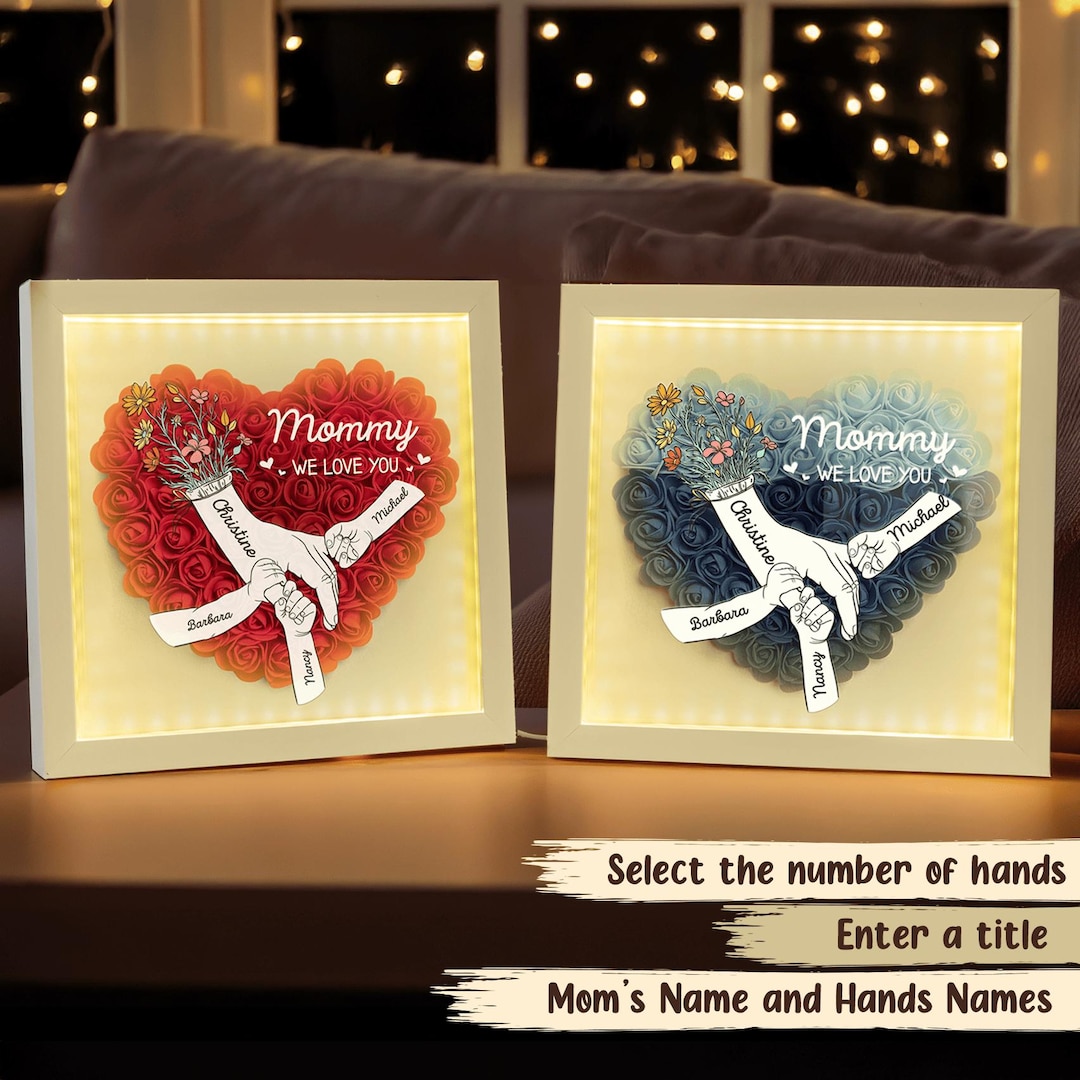 Personalized Flower Handprints Shadow Box With LED Light for Mom Gift ...