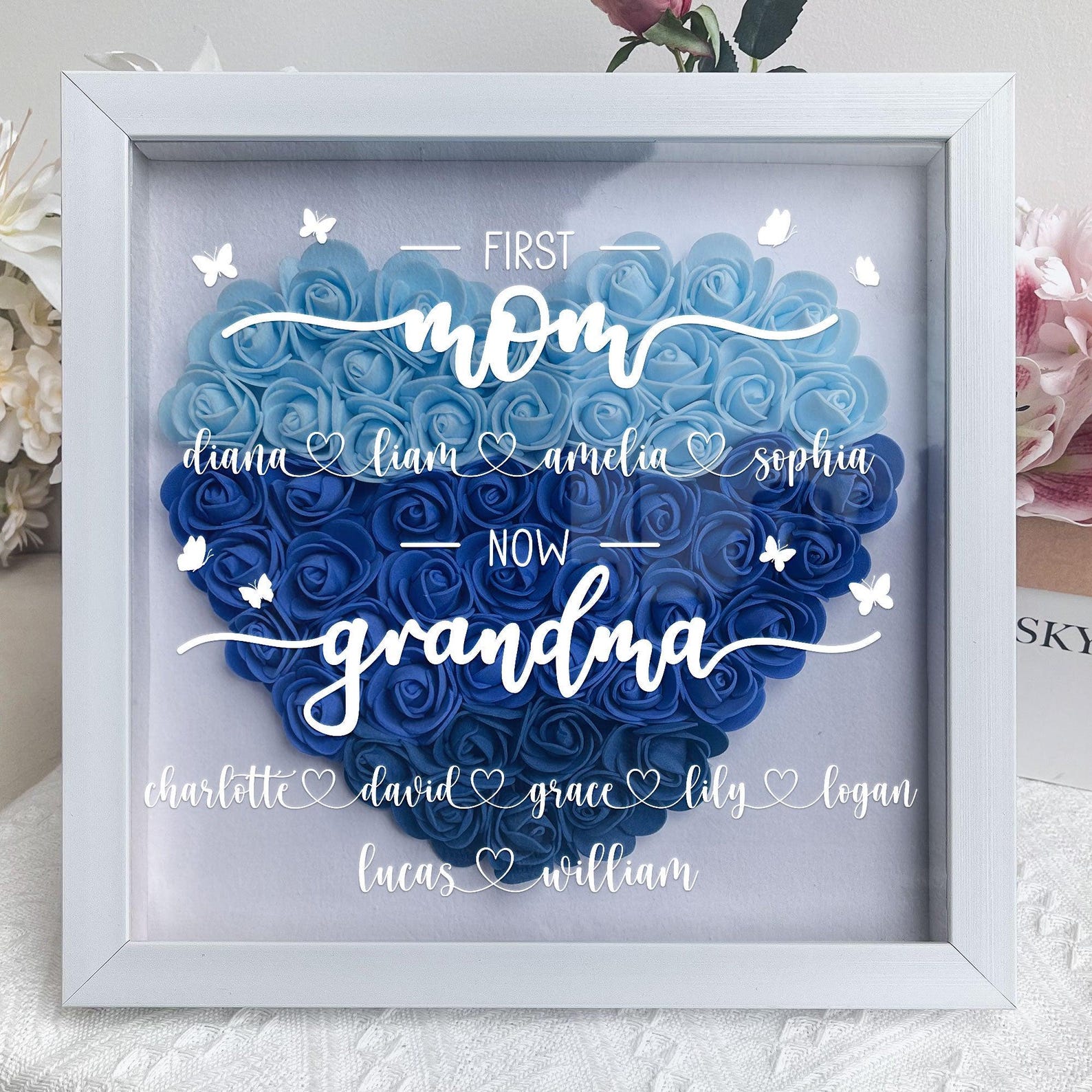 First Mom Now Grandma, Personalized Flower Heart Shadow Box for Mom ...