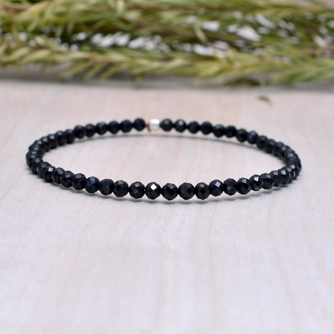 Black Spinel Stretch Bracelet, Ultra Delicate Faceted Tiny Beads ...
