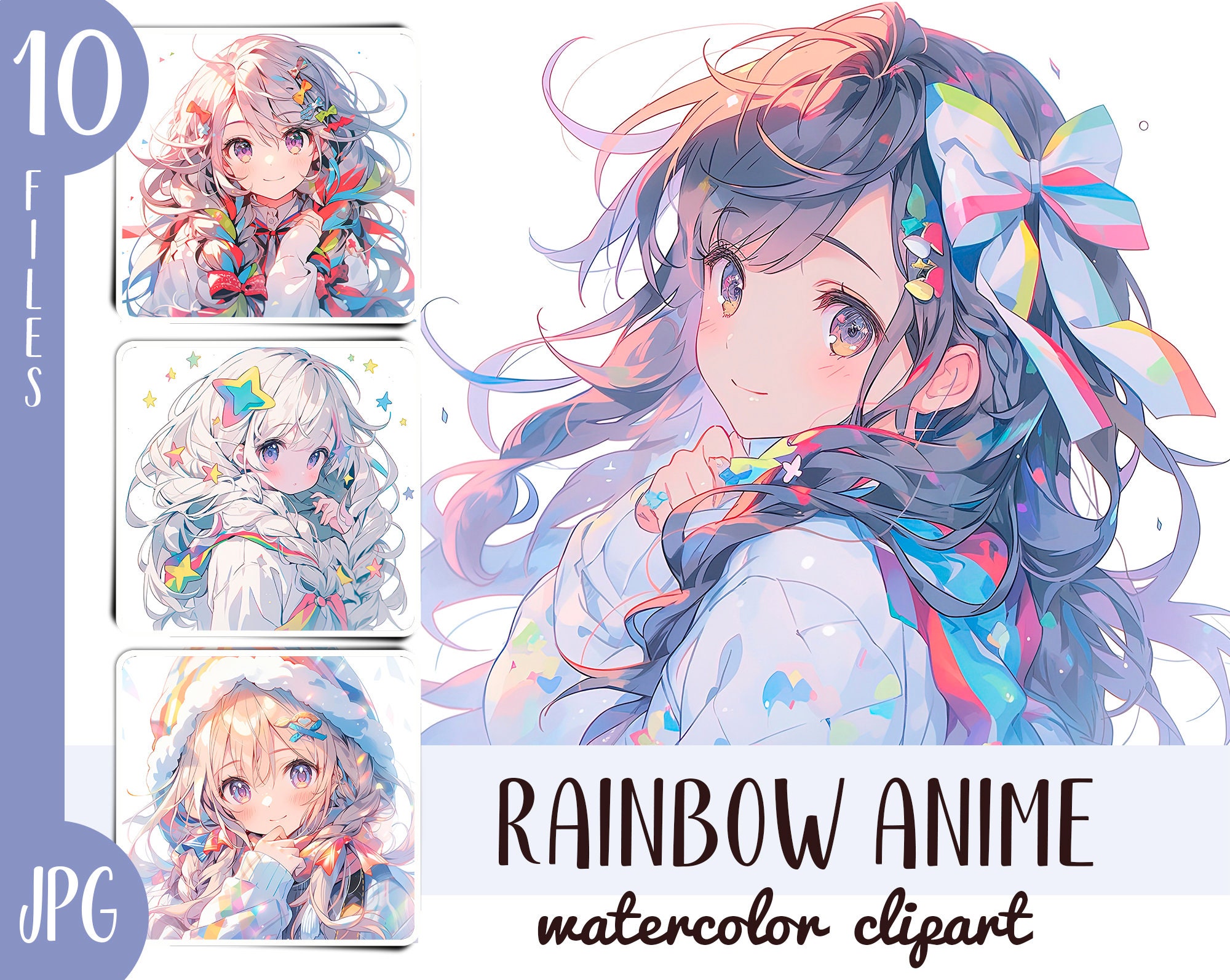 Watercolor Rainbow Girl Anime Clipart Bright Rainbow Colors Digital ...