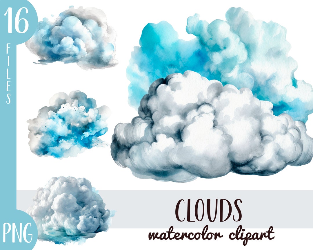 Watercolor Cloud Clipart: Sky Illustrations (PNG, JPG Digital Download ...