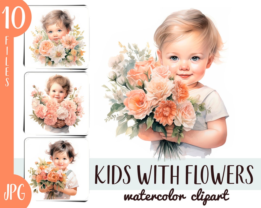 Watercolor Children With Flowers Clipart: Nursery Wall Art (digital ...