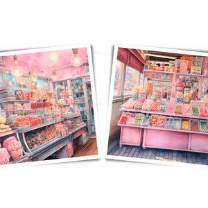 Watercolor Candy Store Clipart Pink Sweets on Display Digital Paper ...