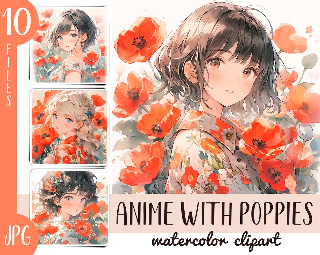 Watercolor Poppies Girl Anime Clipart - Japanese Flowers Digital Paper ...