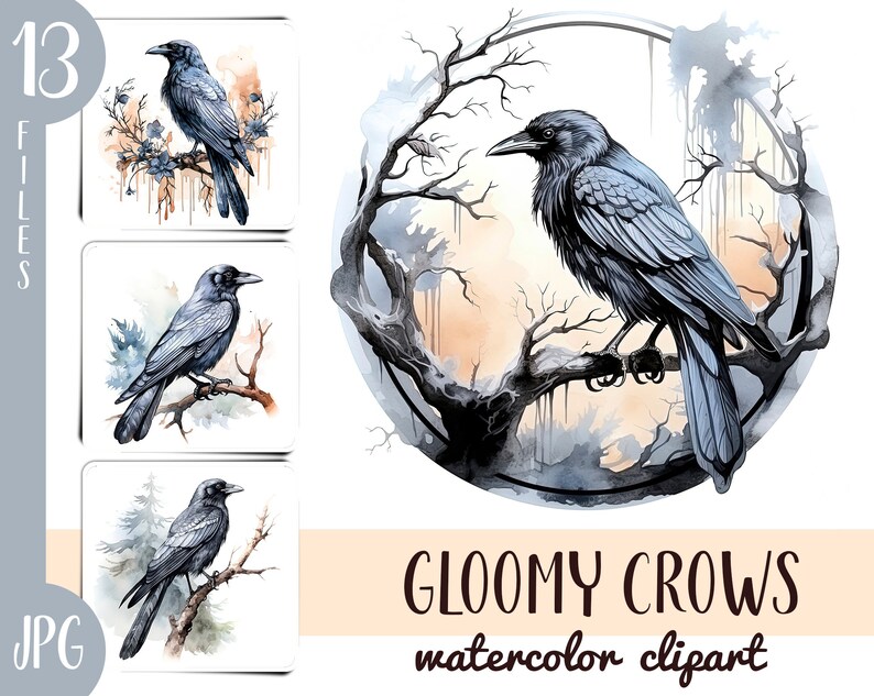 Watercolor Gloomy Crows Clipart Composition With a Raven - Etsy