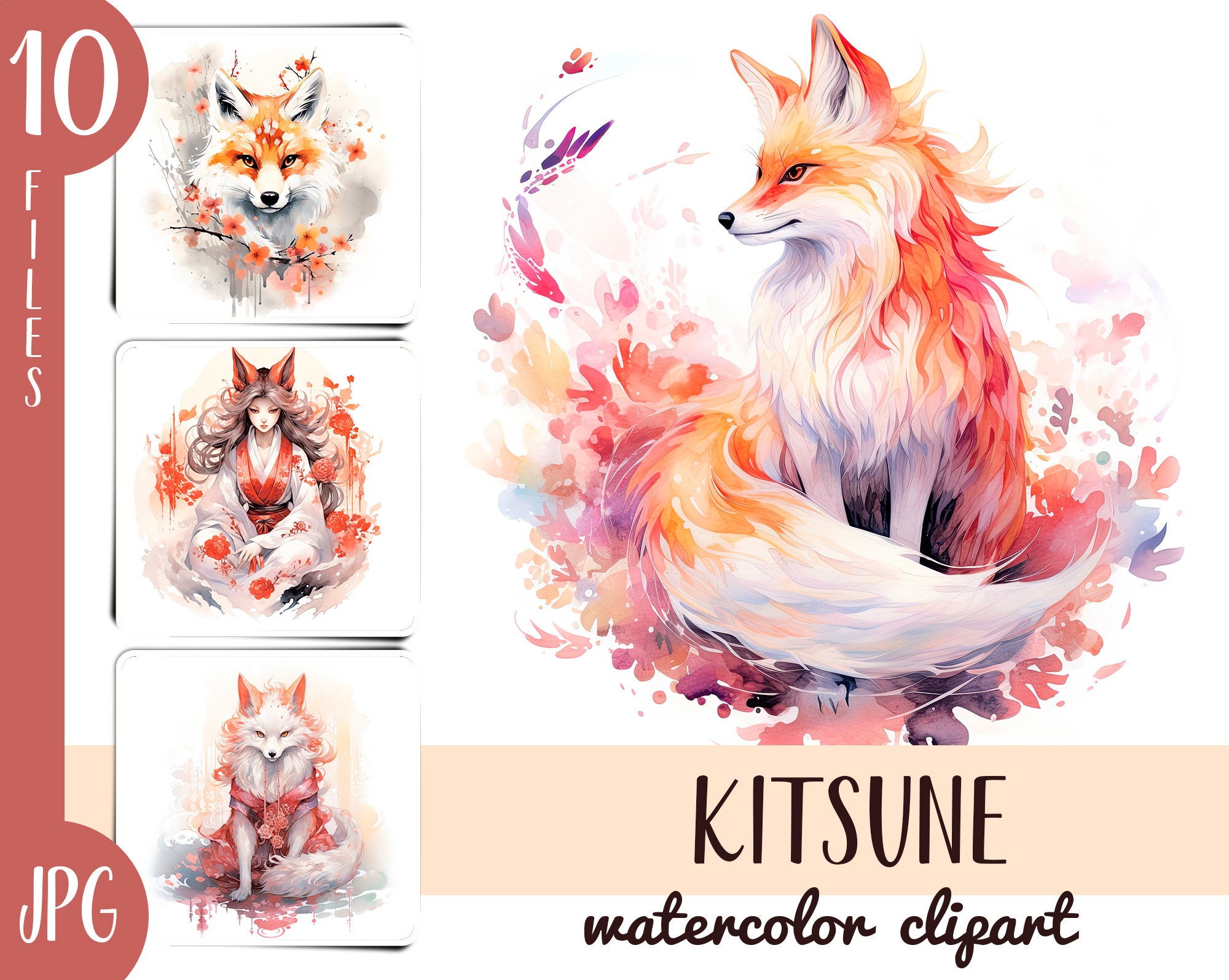 Watercolor Kitsune Clipart Fantastic Foxes Digital Paper Japanese ...