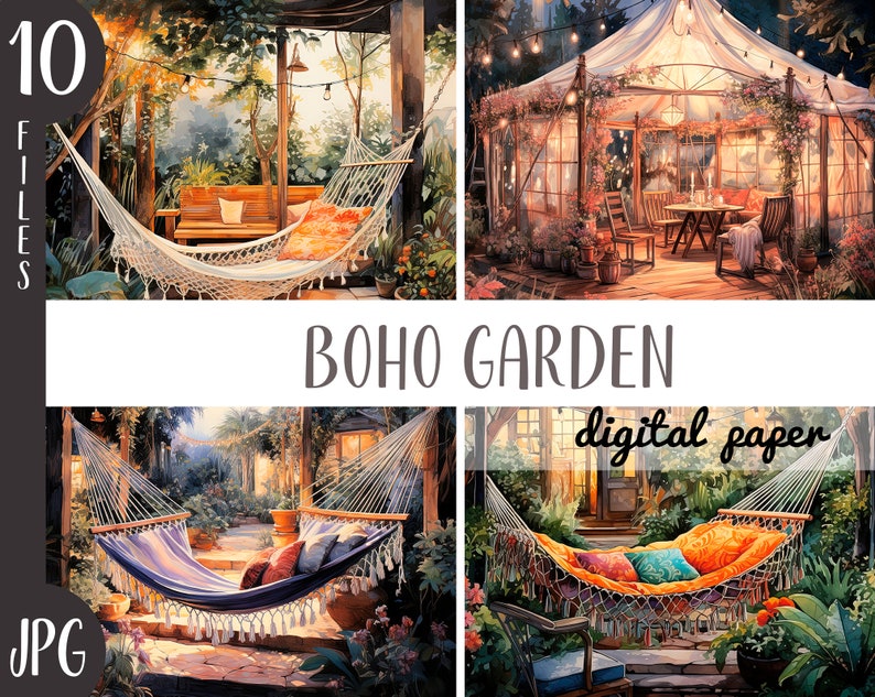 Watercolor Boho Garden Clipart: Night Lights Landscape (JPG Digital) - Etsy
