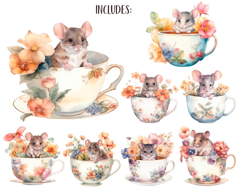 Watercolor Mice in Cups Clipart Cute Rat and Mug Digital - Etsy
