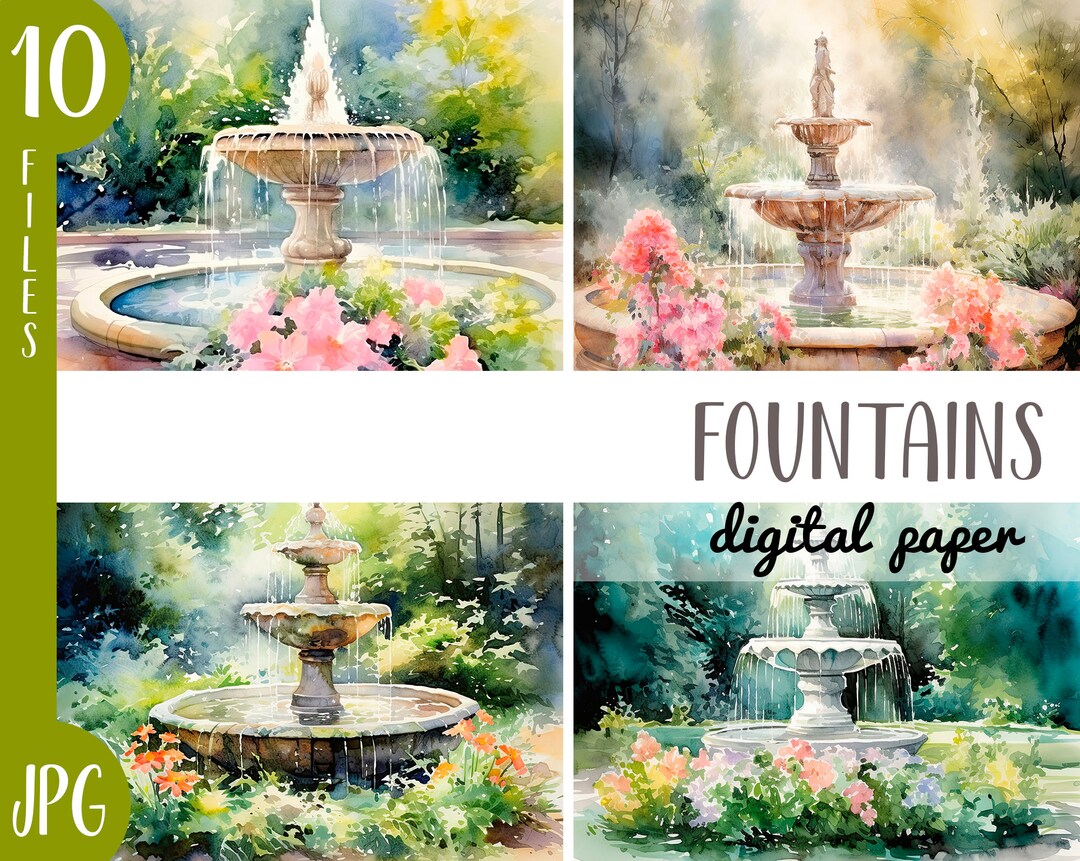 Watercolor Fountains in the Garden Clipart - Fountains Among Flowers ...