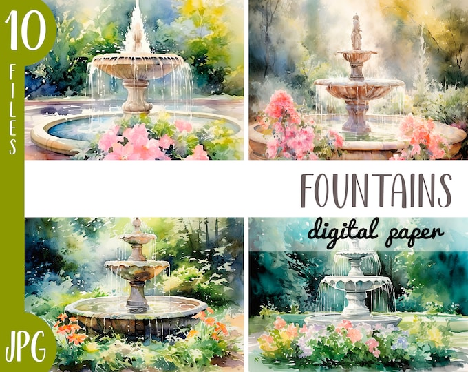 10 Garden Fountain Watercolor Clipart Graphics - Printable PNG Files ...