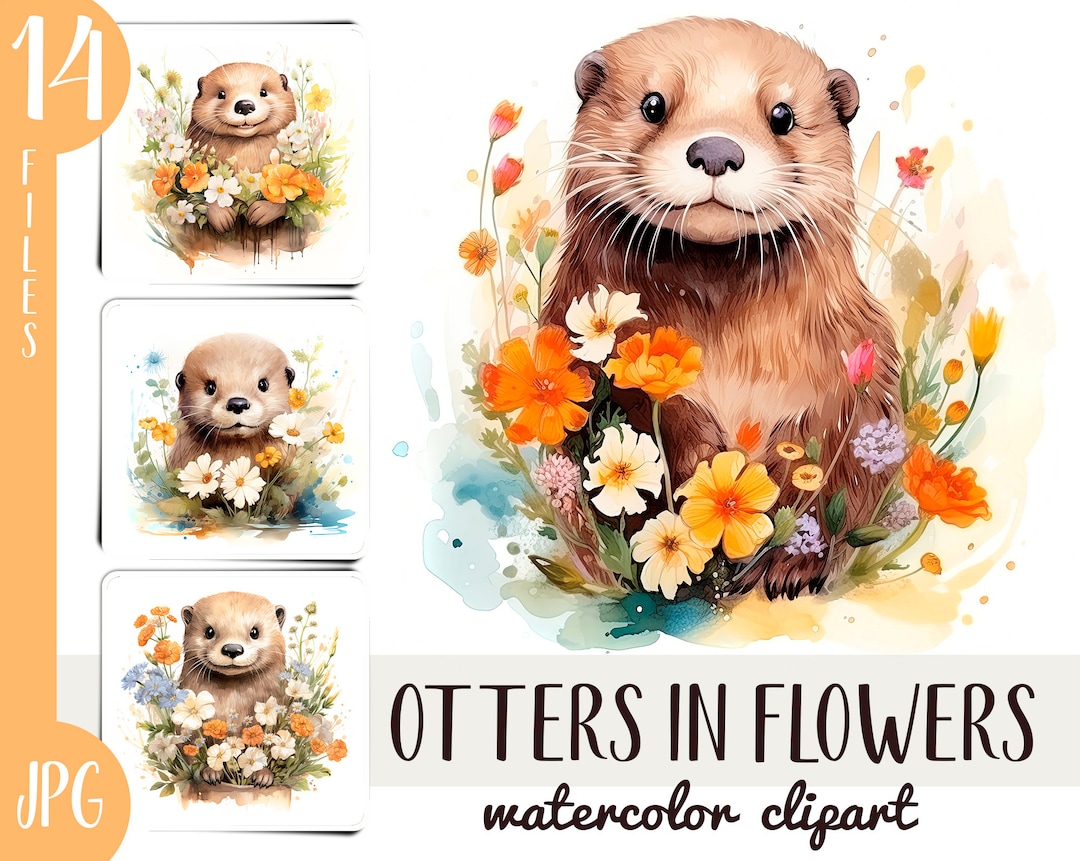 Watercolor Cute Otter Clipart - Otter With Flowers Digital Paper ...
