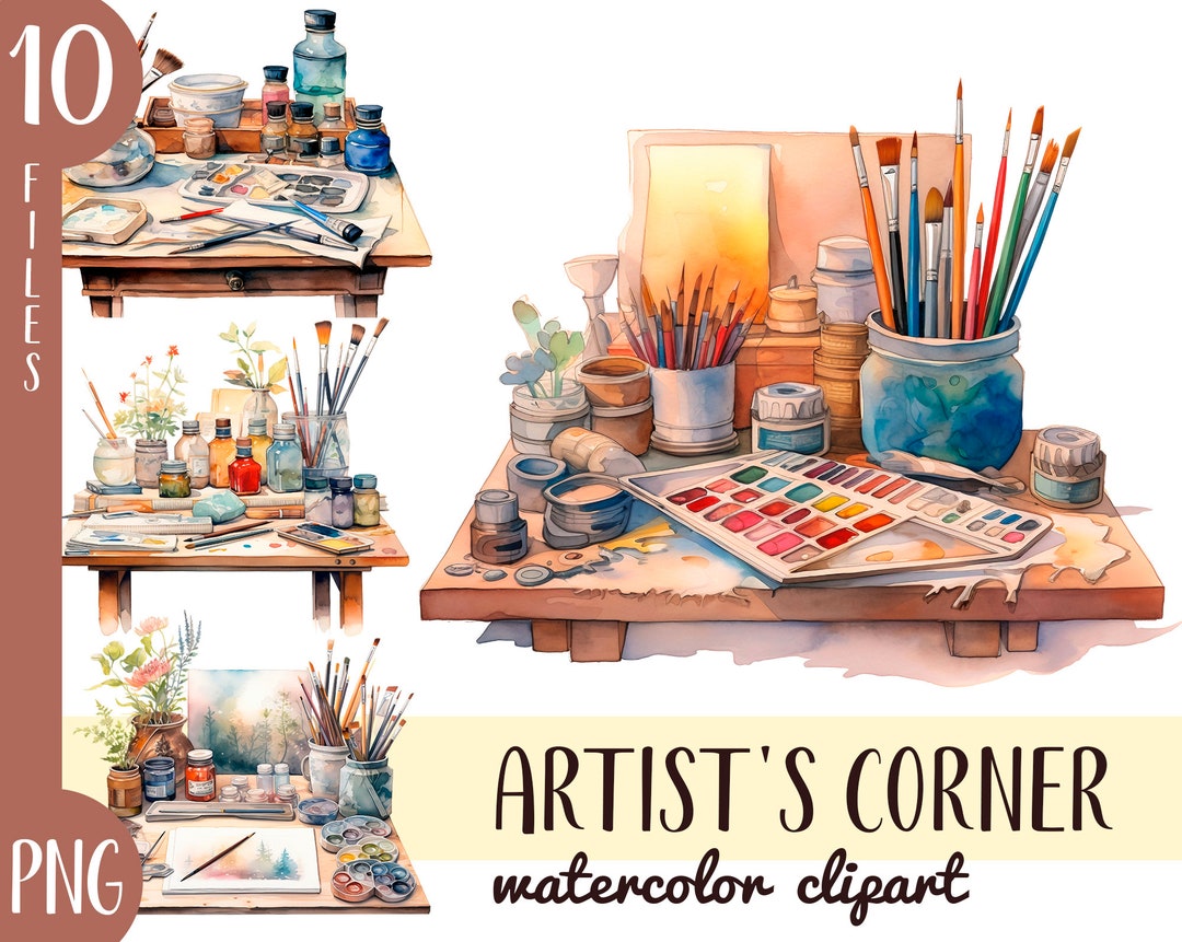 Watercolor Artist Workplace Clipart - Table With Paint Brushes Digital ...