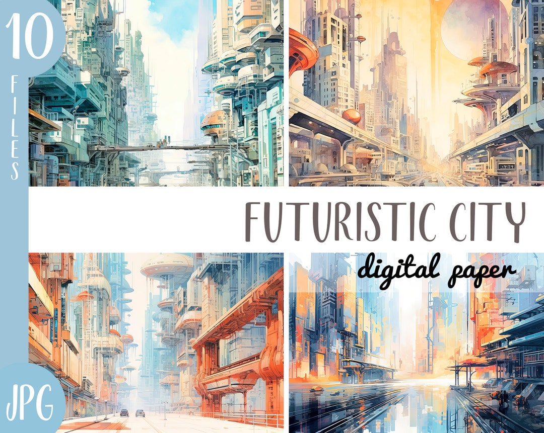 Watercolor Futuristic City Clipart - the City of the Future Digital ...
