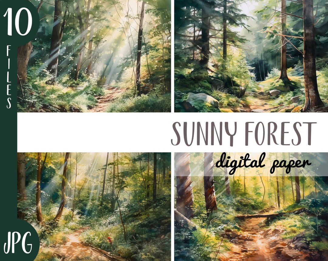 Watercolor Sunny Forest Clipart - Woodland Digital Paper - Green ...