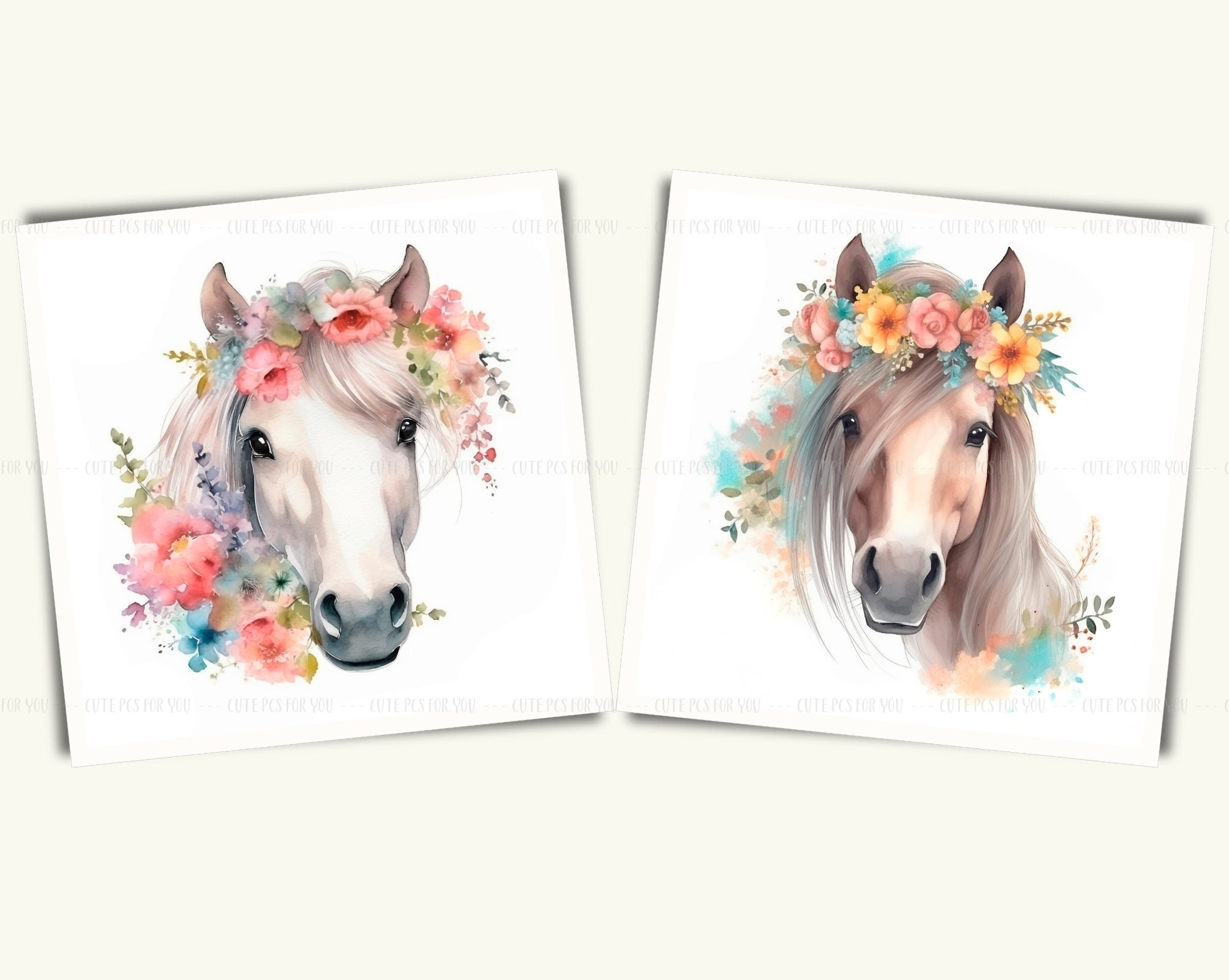 Watercolor Floral Horses Clipart Pony With Flowers Graphics - Etsy