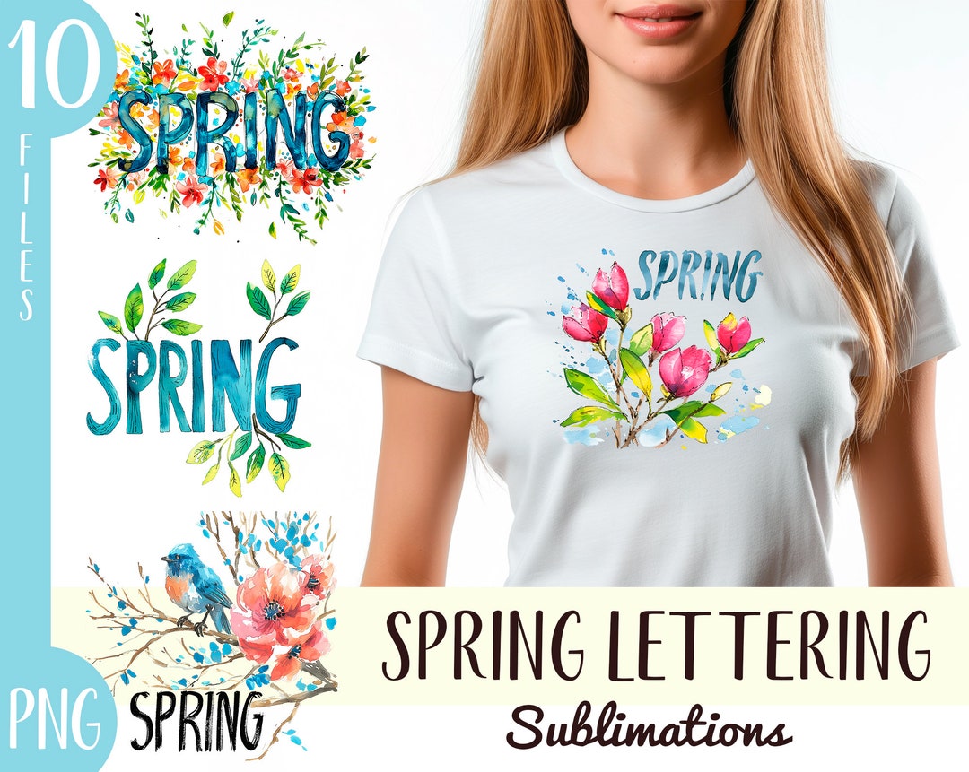 Watercolor Spring Lettering Sublimation Clipart - Flowers and Brances ...