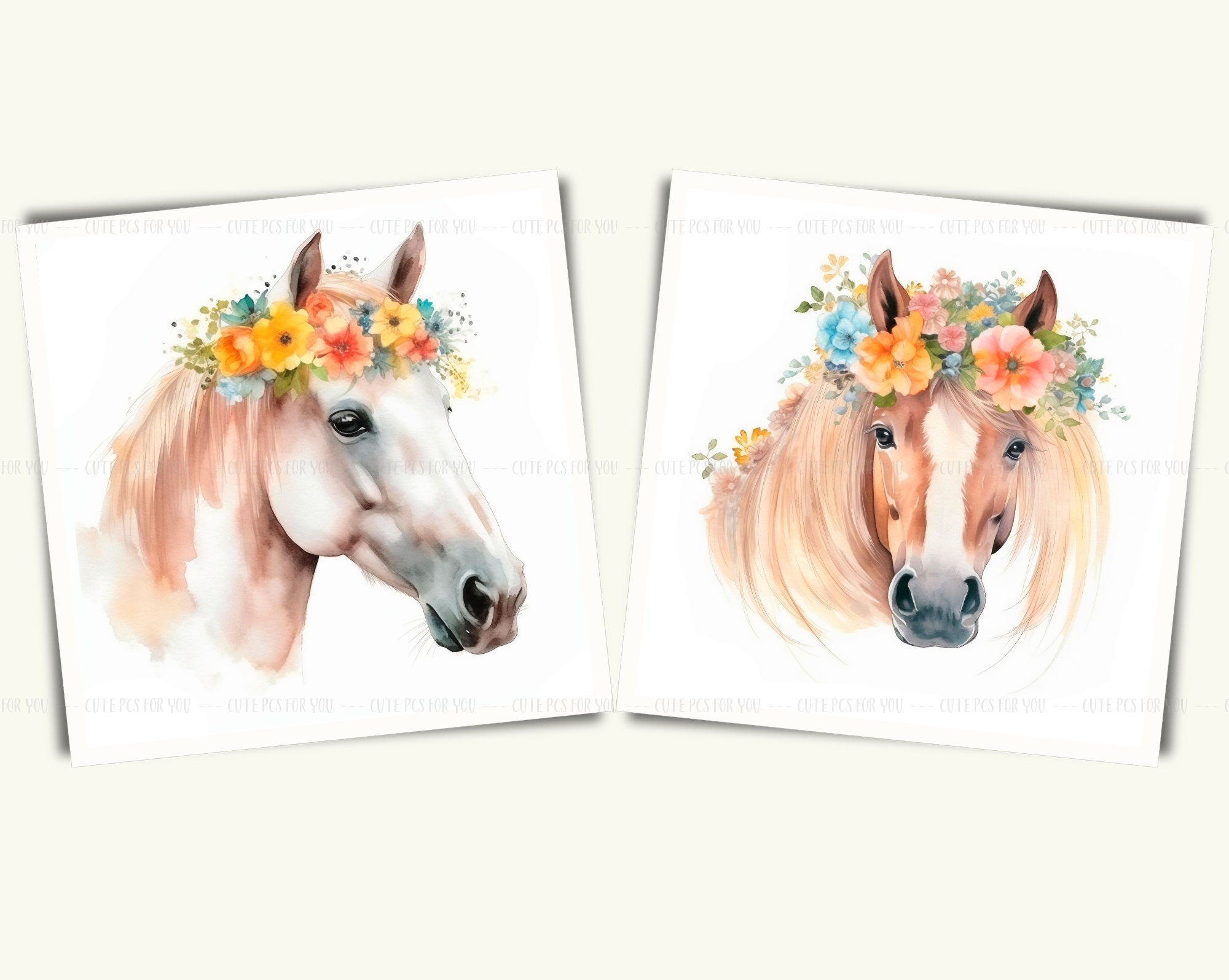 Watercolor Floral Horses Clipart Pony With Flowers Graphics - Etsy
