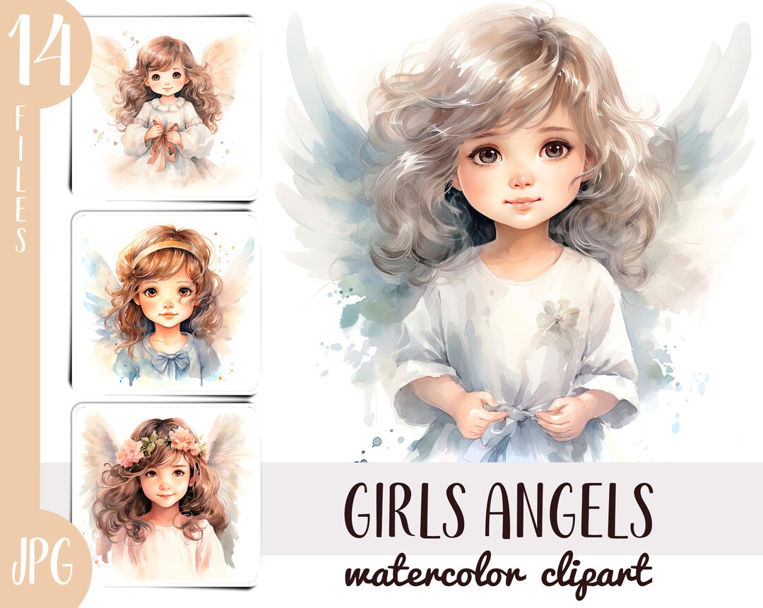 Watercolor Cute Angels Clipart - Little Girl With Wings Sublimation JPG ...