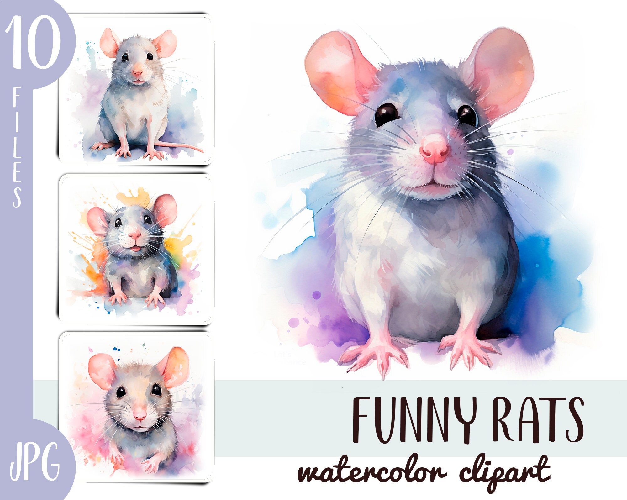Watercolor Cute Rats Clipart Gray Rat Digital Paper Mouse Illustration ...