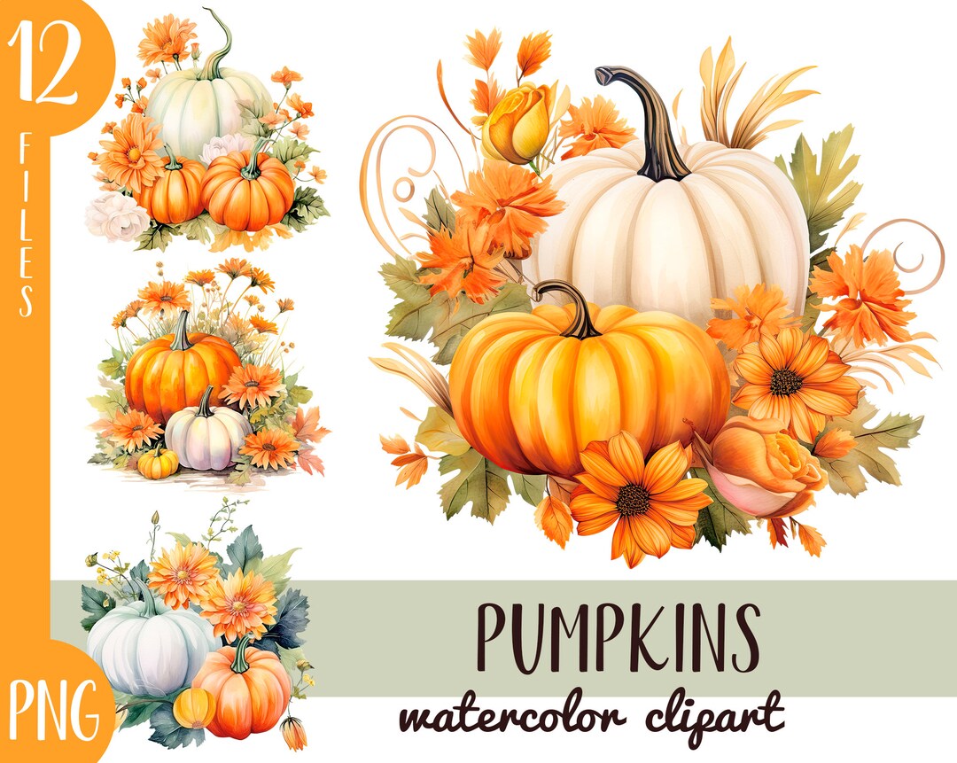 Watercolor Pumpkin Clipart: Halloween Floral PNG (digital Download) - Etsy