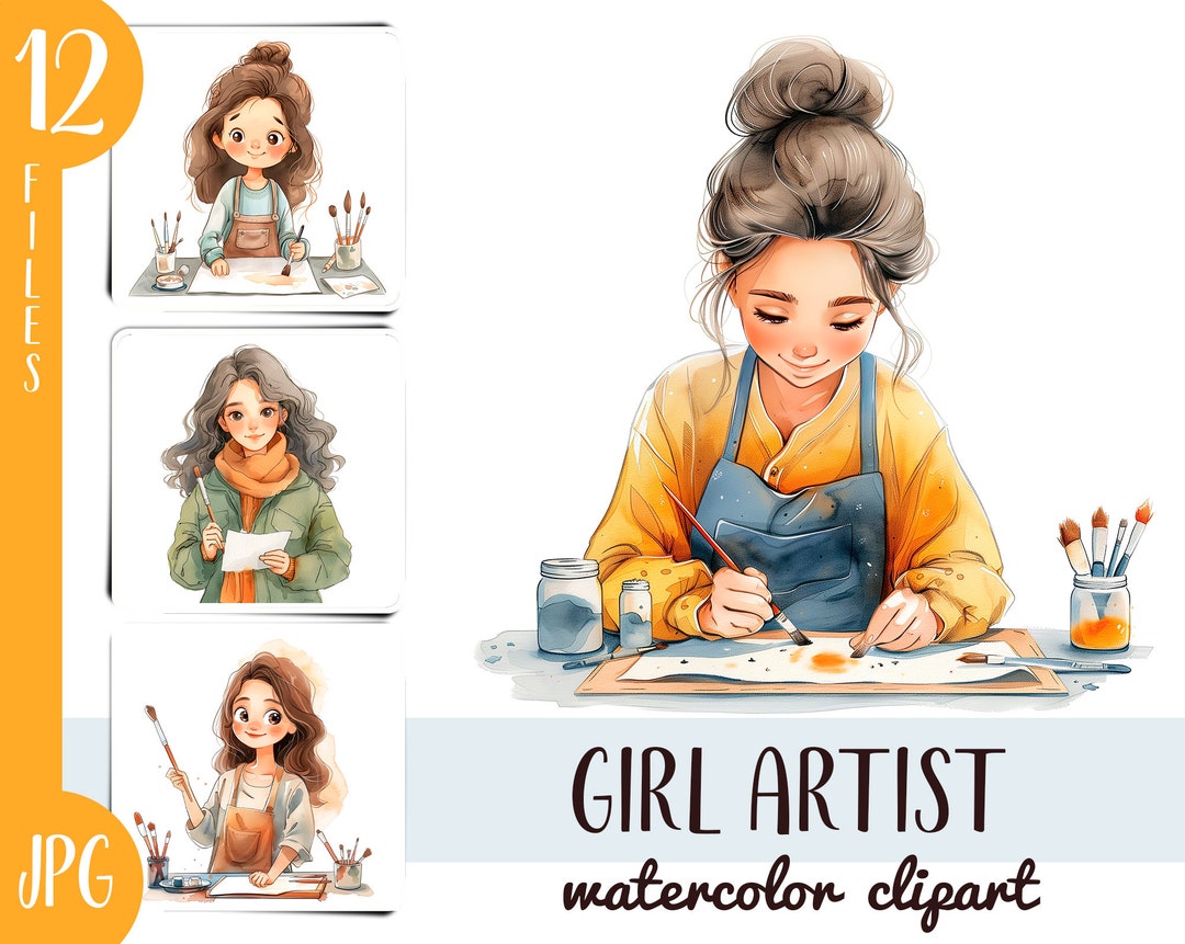 Watercolor Girl Artist Clipart Cute Woman With Brush Illustration ...