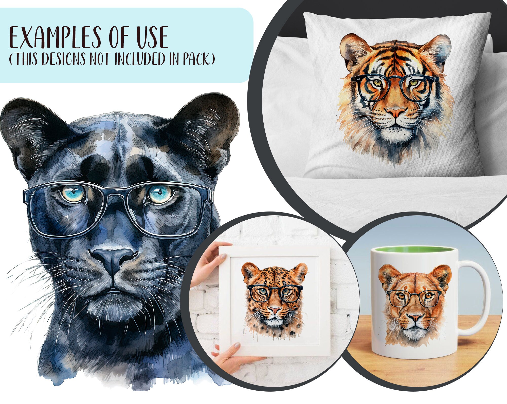 Watercolor Wild Cats in Glasses Clipart Realistic Big Cats - Etsy