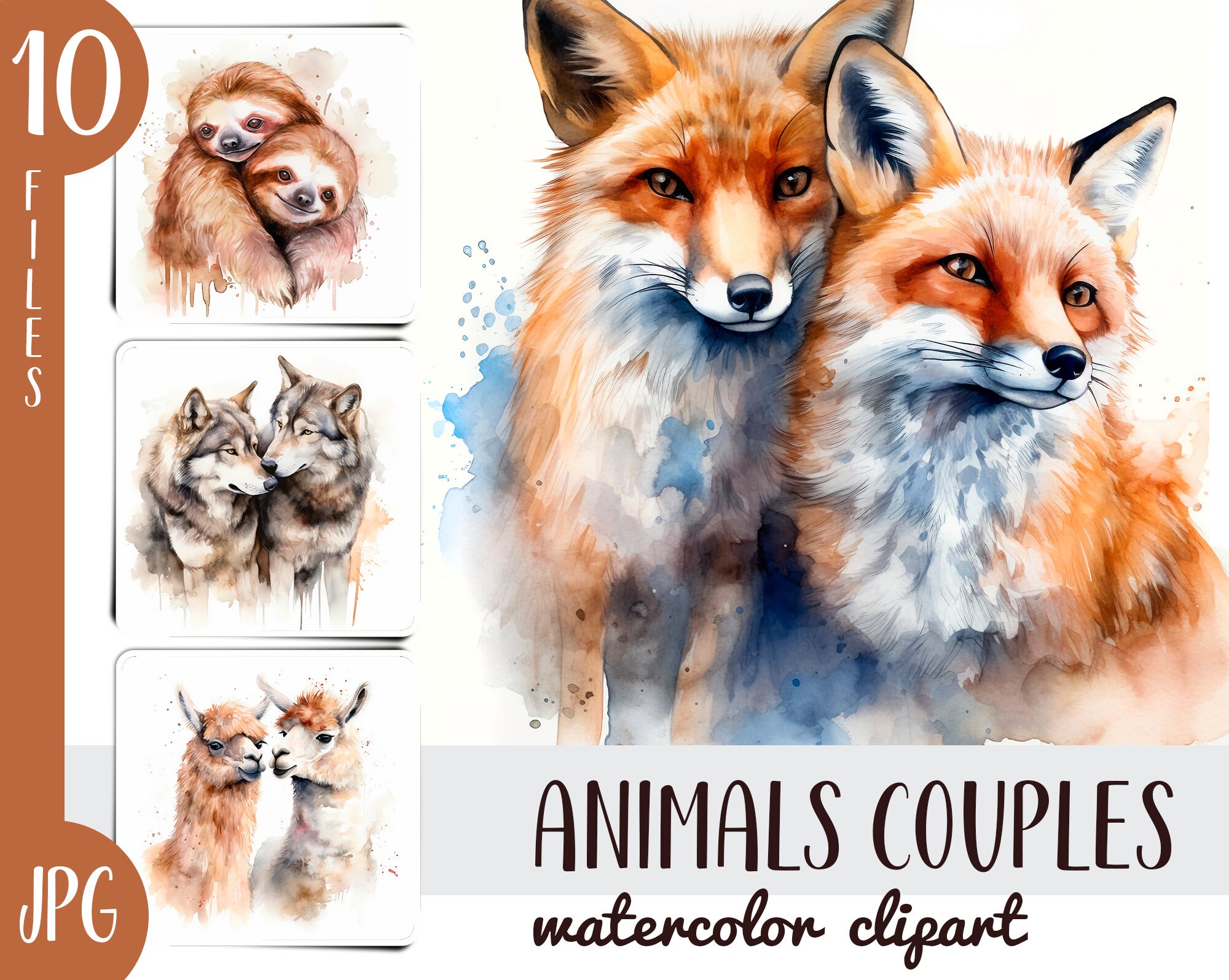 Watercolor Animals Couple Clipart Animal Pairs JPG Llamas in Love ...
