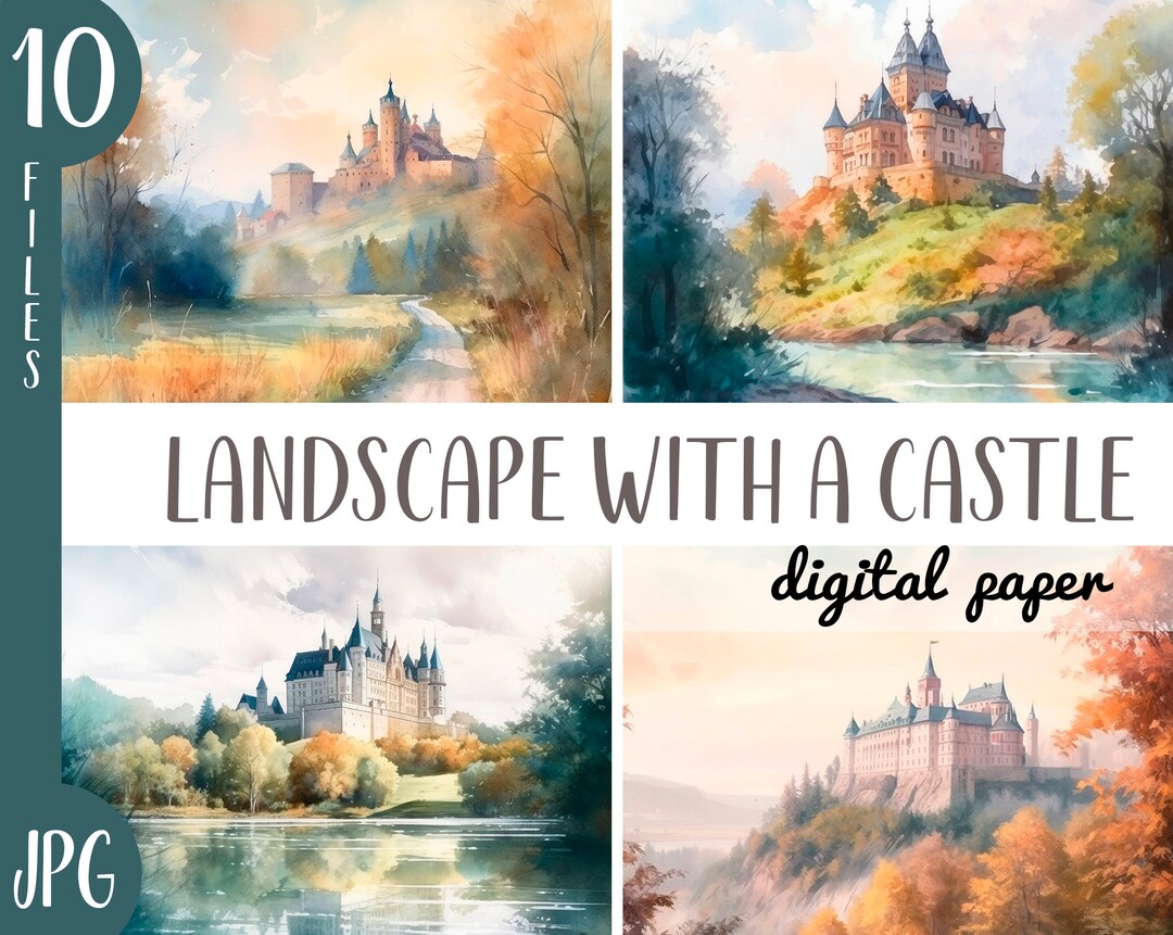 Watercolor Landscapes With a Castle Clipart - Princess Castle Digital ...