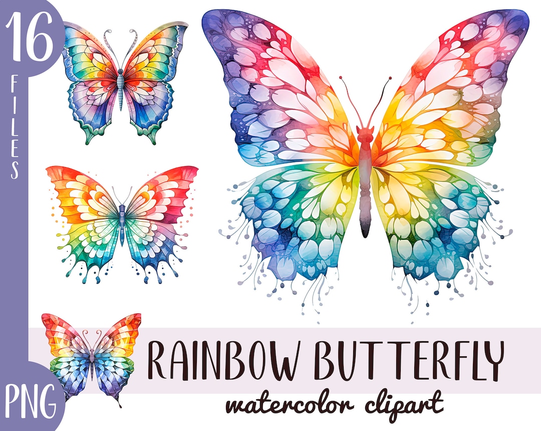 Watercolor Rainbow Butterfly Clipart: PNG Entomology Illustrations ...