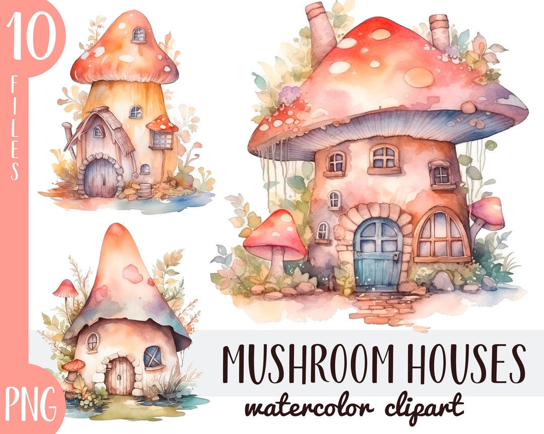 Watercolor Mushroom Houses Clipart - Fairy Tale House Digital ...