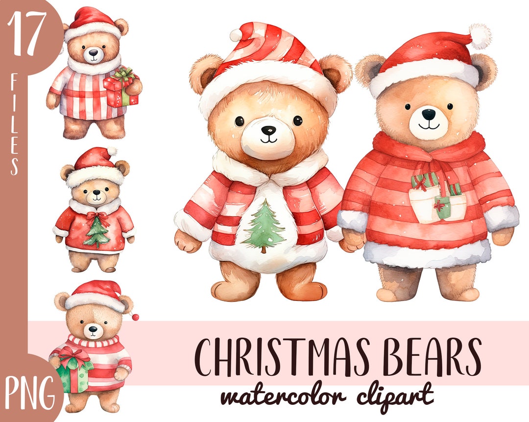 Watercolor Christmas Bears Clipart - Teddy Bears Illustration - Bear in ...