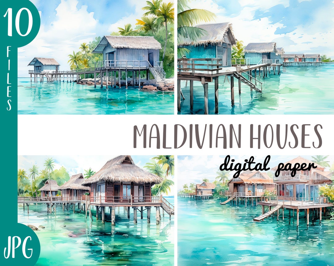 Watercolor Maldives Houses Clipart: Tropical Bungalows Digital Paper ...