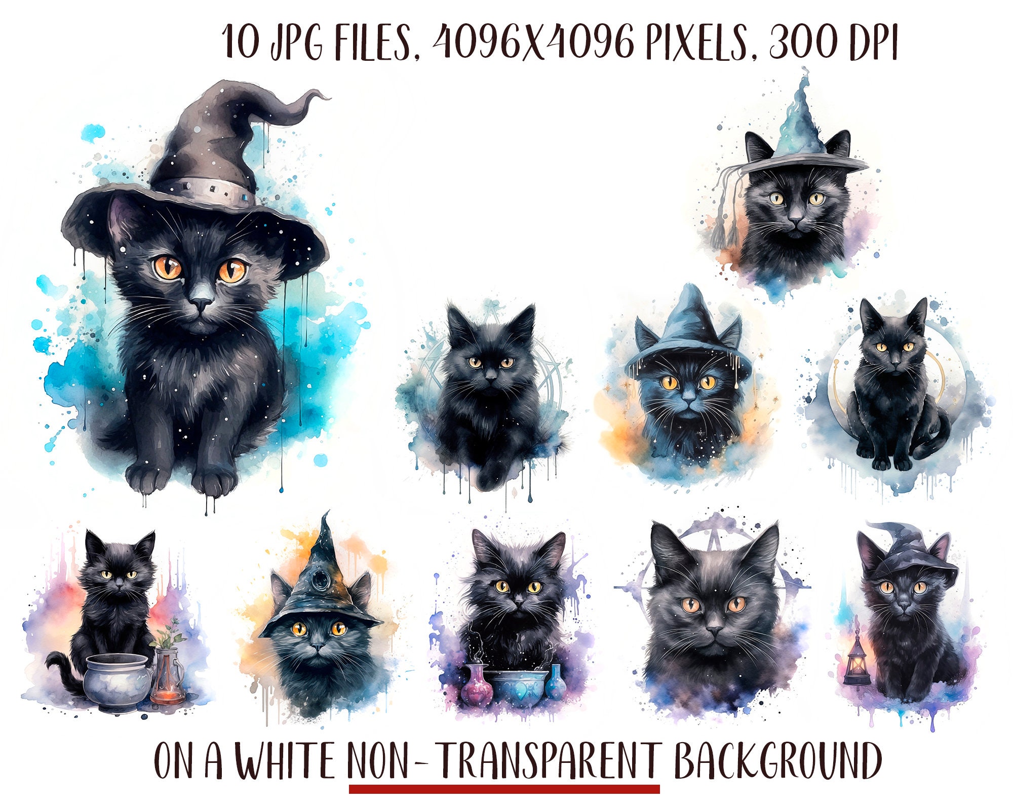 Watercolor Black Magic Cats Clipart cute Cat in a Witch Hat - Etsy