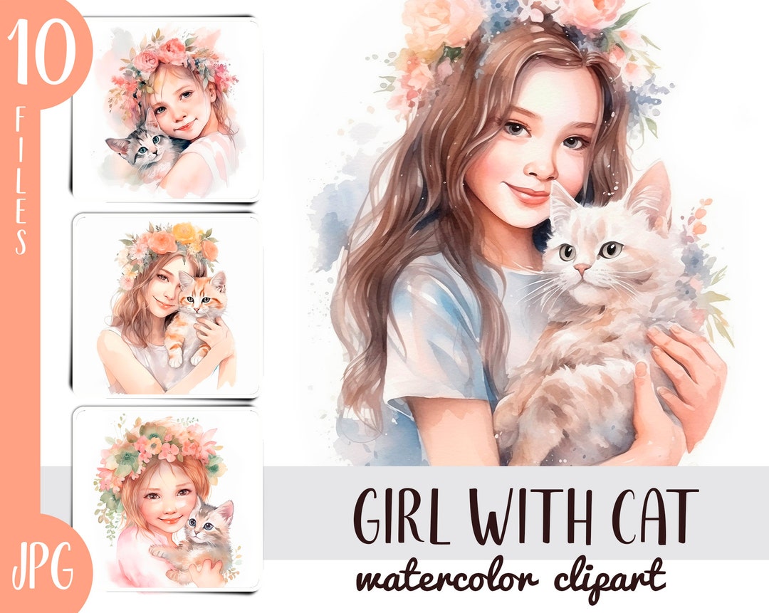 Watercolor Girls With Cats Clipart - Cute Kitten Sublimation JPG ...