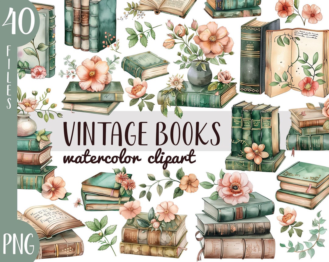 Watercolor Vintage Books Clipart -reading Clipart- Green Floral Books ...
