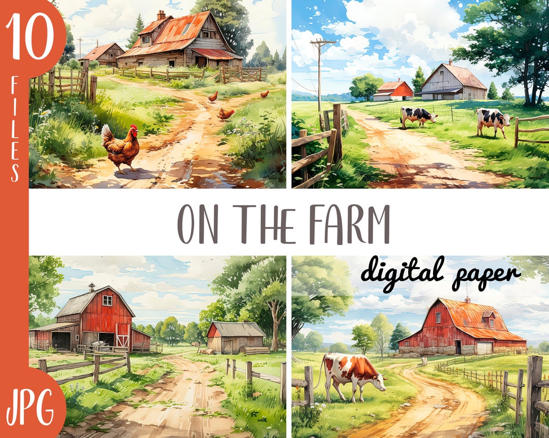 Watercolor on the Farm Clipart - Farm, Homestead Digital Paper - Summer ...