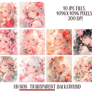 Watercolor Rose Girl Anime Clipart - Pink, Blush Roses Digital Paper ...