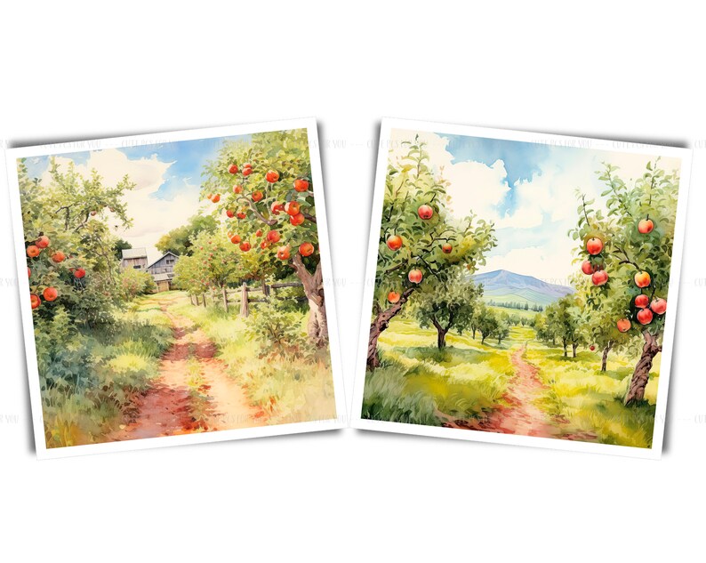 Watercolor Orchard Clipart Garden With Apples Digital Paper Summer ...