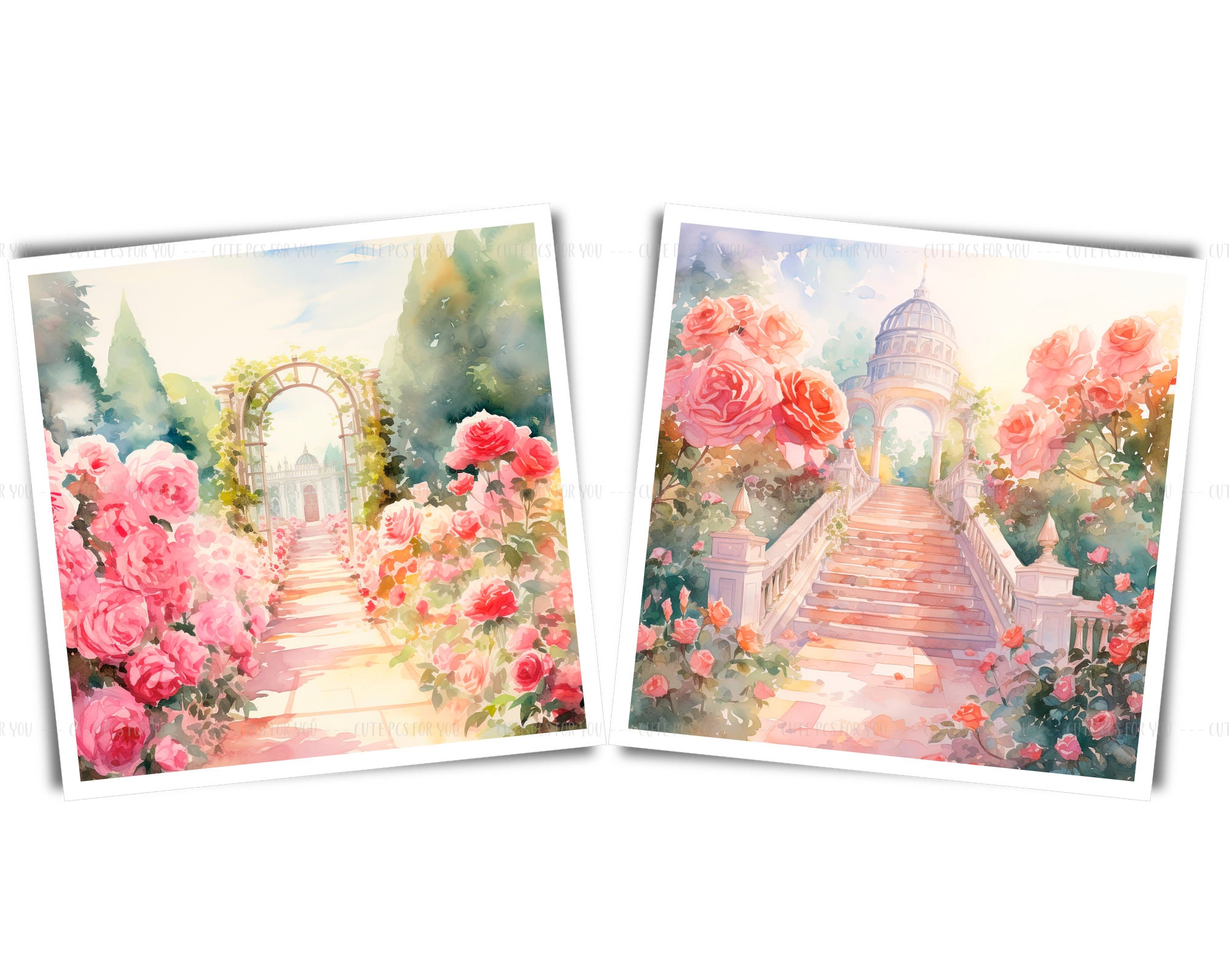 Watercolor Rose Garden Clipart Garden With Roses Digital - Etsy